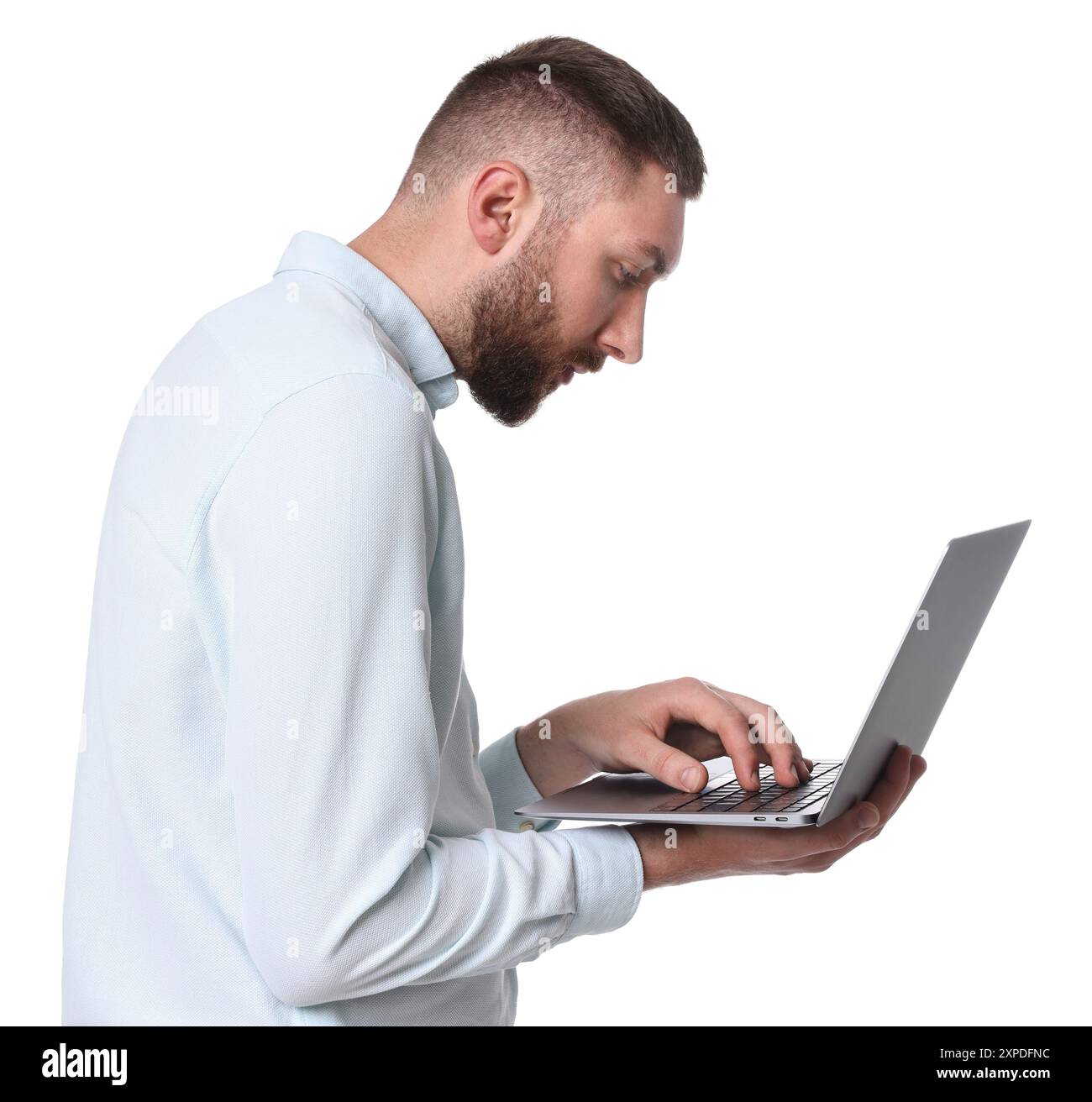Man with poor posture using laptop on white background Stock Photo - Alamy