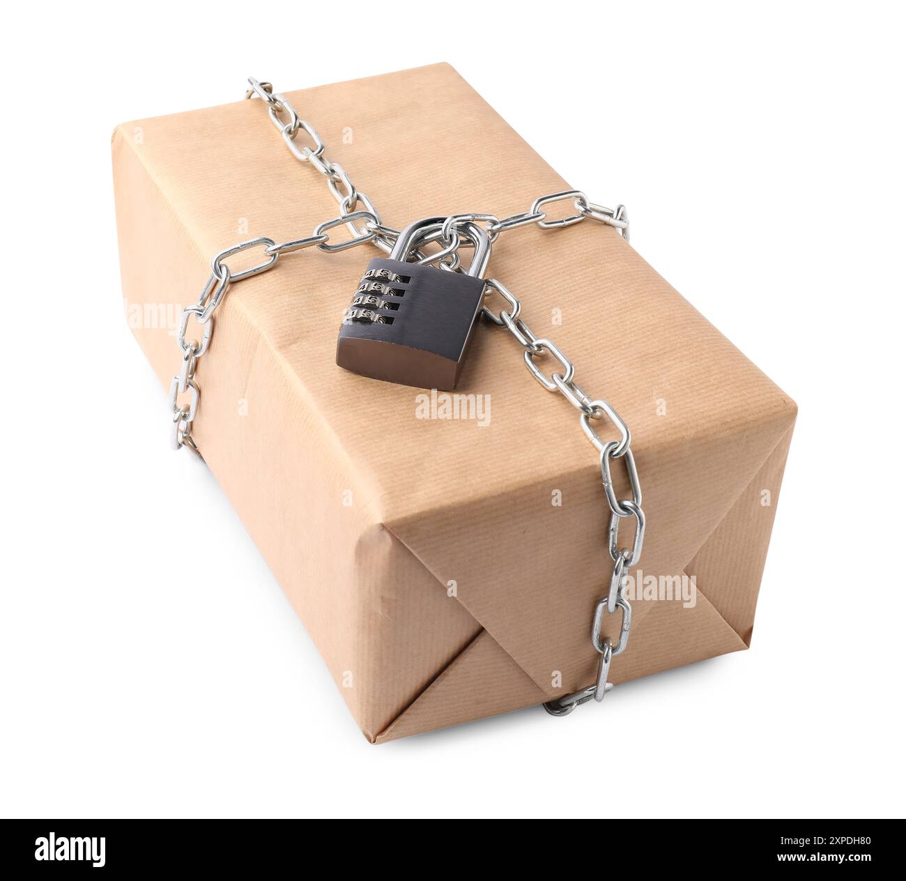 One parcel with chain and padlock isolated on white Stock Photo - Alamy