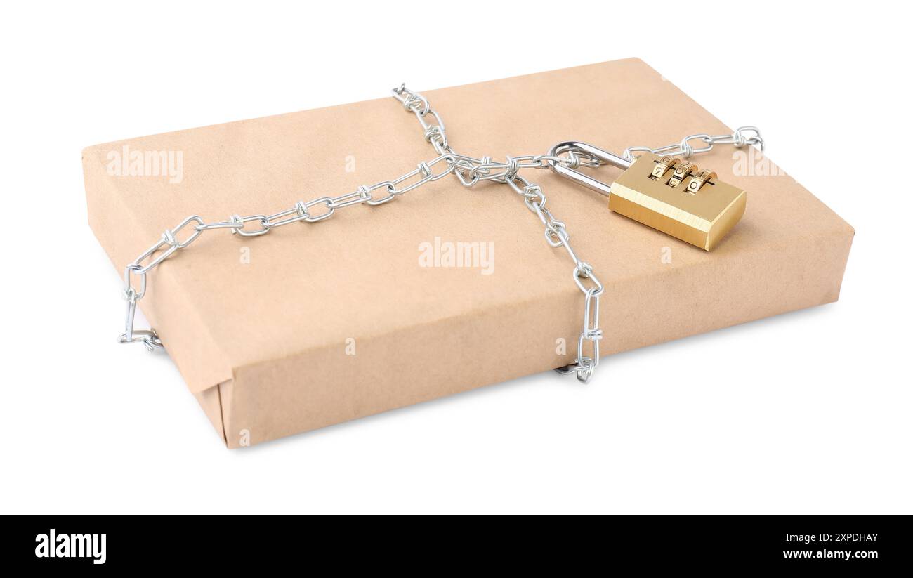 One parcel with chain and padlock isolated on white Stock Photo - Alamy