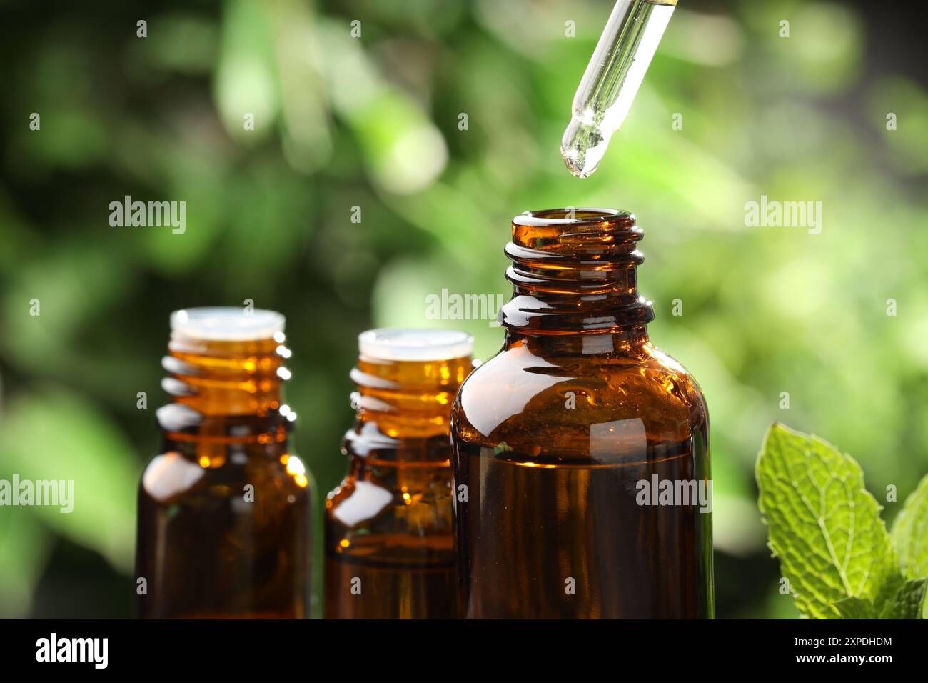 Essential oil dripping from pipette into bottle against blurred green ...