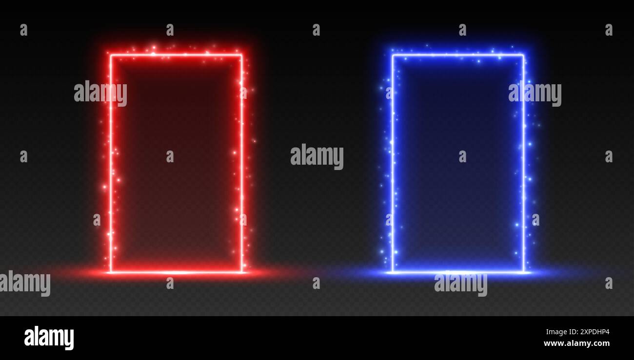 Neon doors with sparkles, red and blue glowing portals, futuristic gate ...