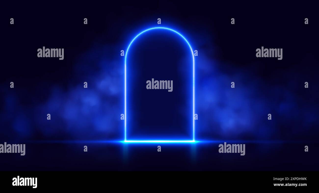 Neon door with smoke, blue glowing portal, futuristic arch gate, magic ...