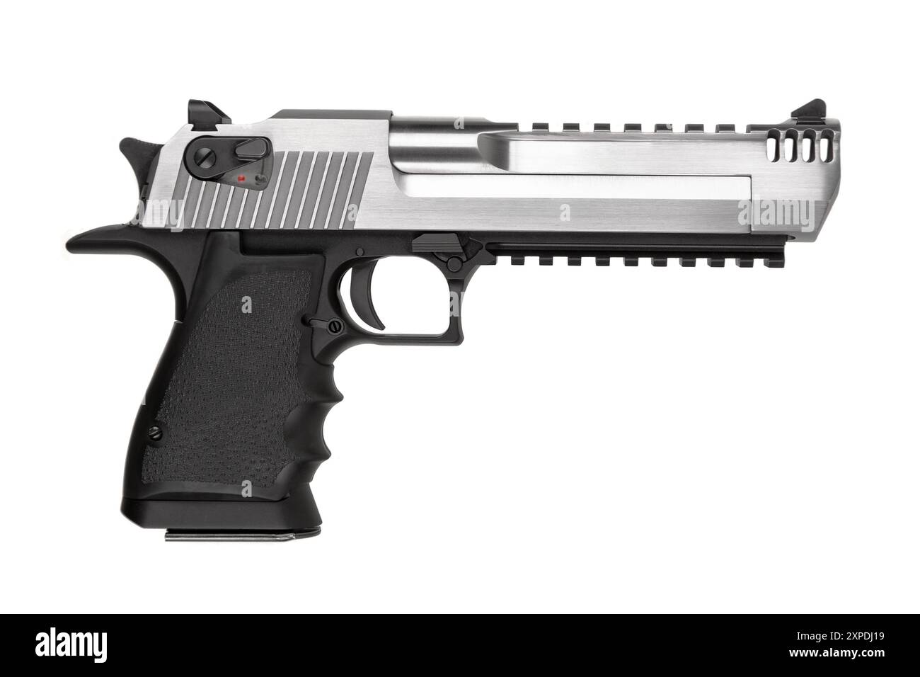 Powerful large caliber pistol. Silver pistol 50 caliber with black grip ...