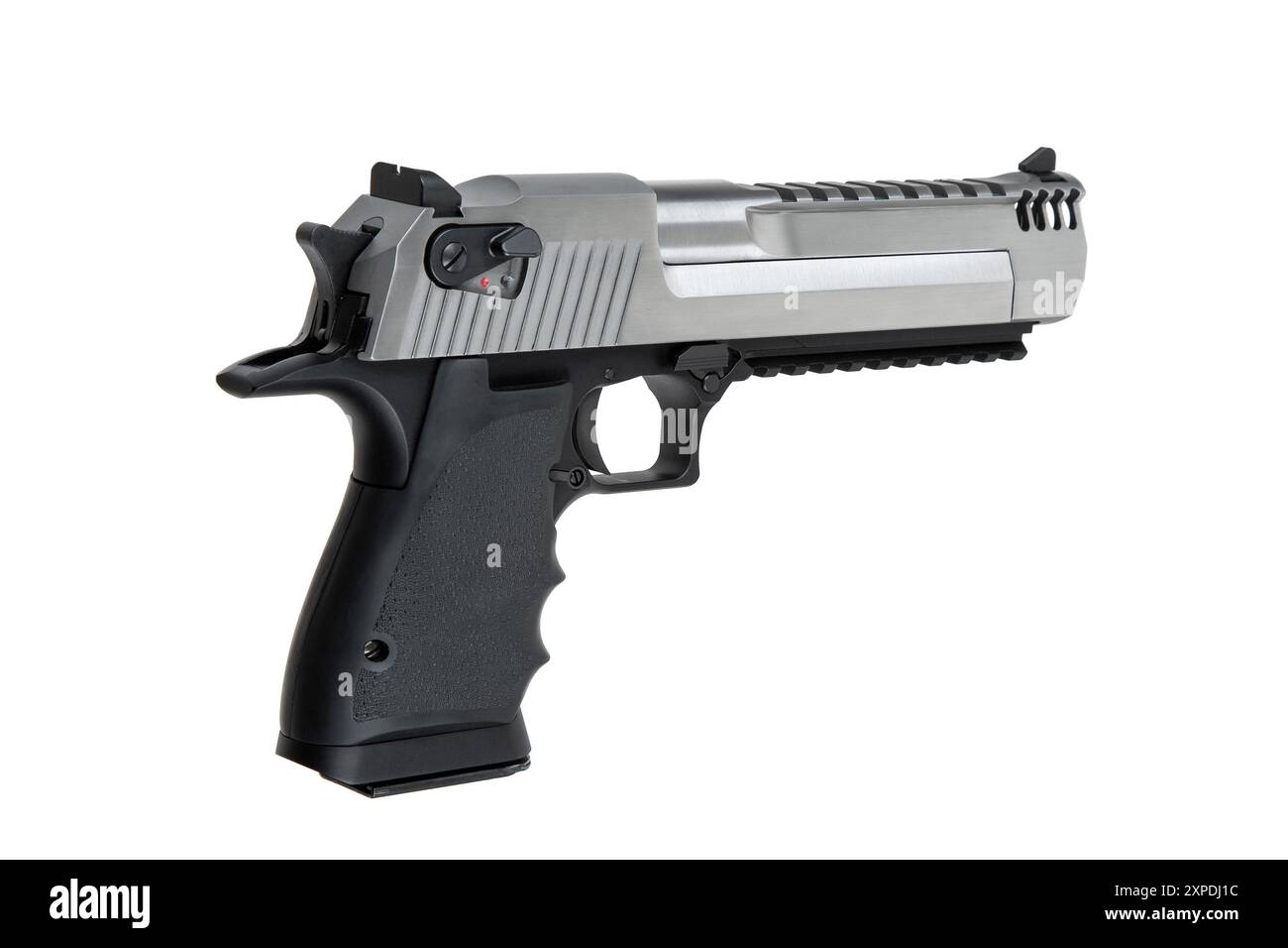Powerful large caliber pistol. Silver pistol 50 caliber with black grip ...