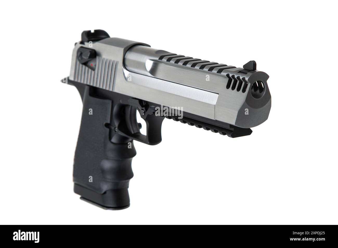 Powerful large caliber pistol. Silver pistol 50 caliber with black grip ...