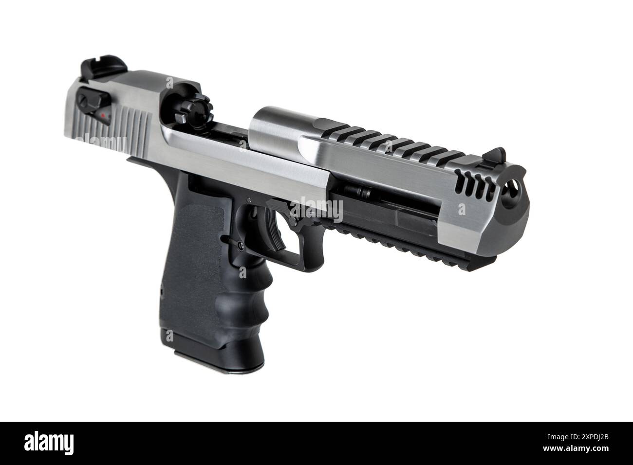 Powerful large caliber pistol. Silver pistol 50 caliber with black grip ...