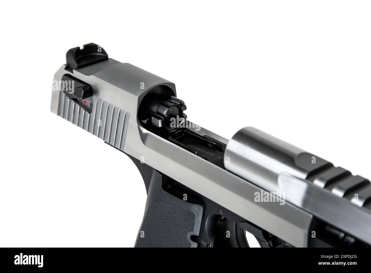 Powerful large caliber pistol. Silver pistol 50 caliber with black grip ...