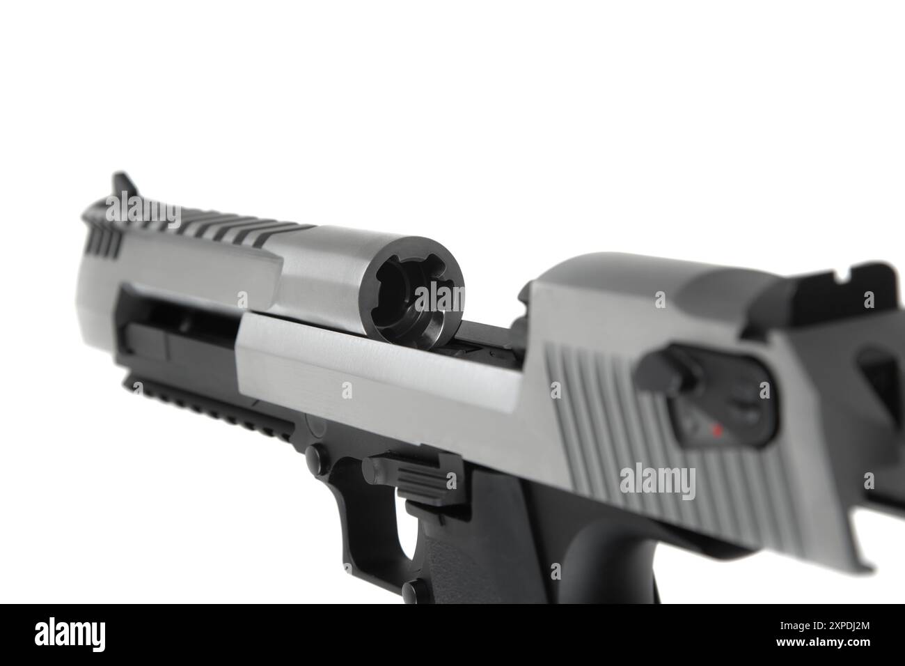 Powerful large caliber pistol. Silver pistol 50 caliber with black grip ...