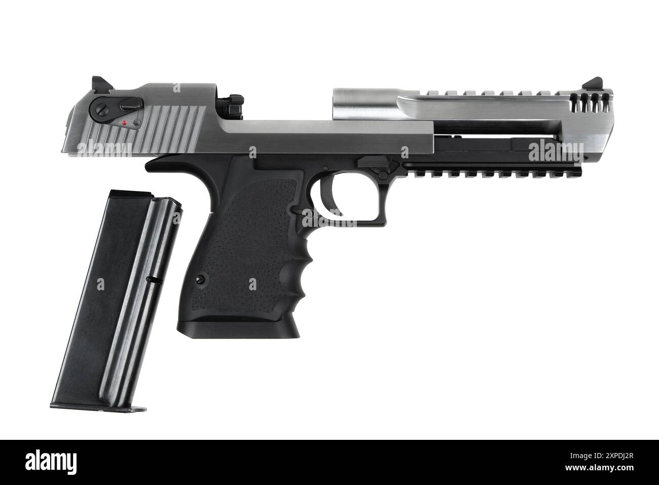 Powerful large caliber pistol. Silver pistol 50 caliber with black grip ...