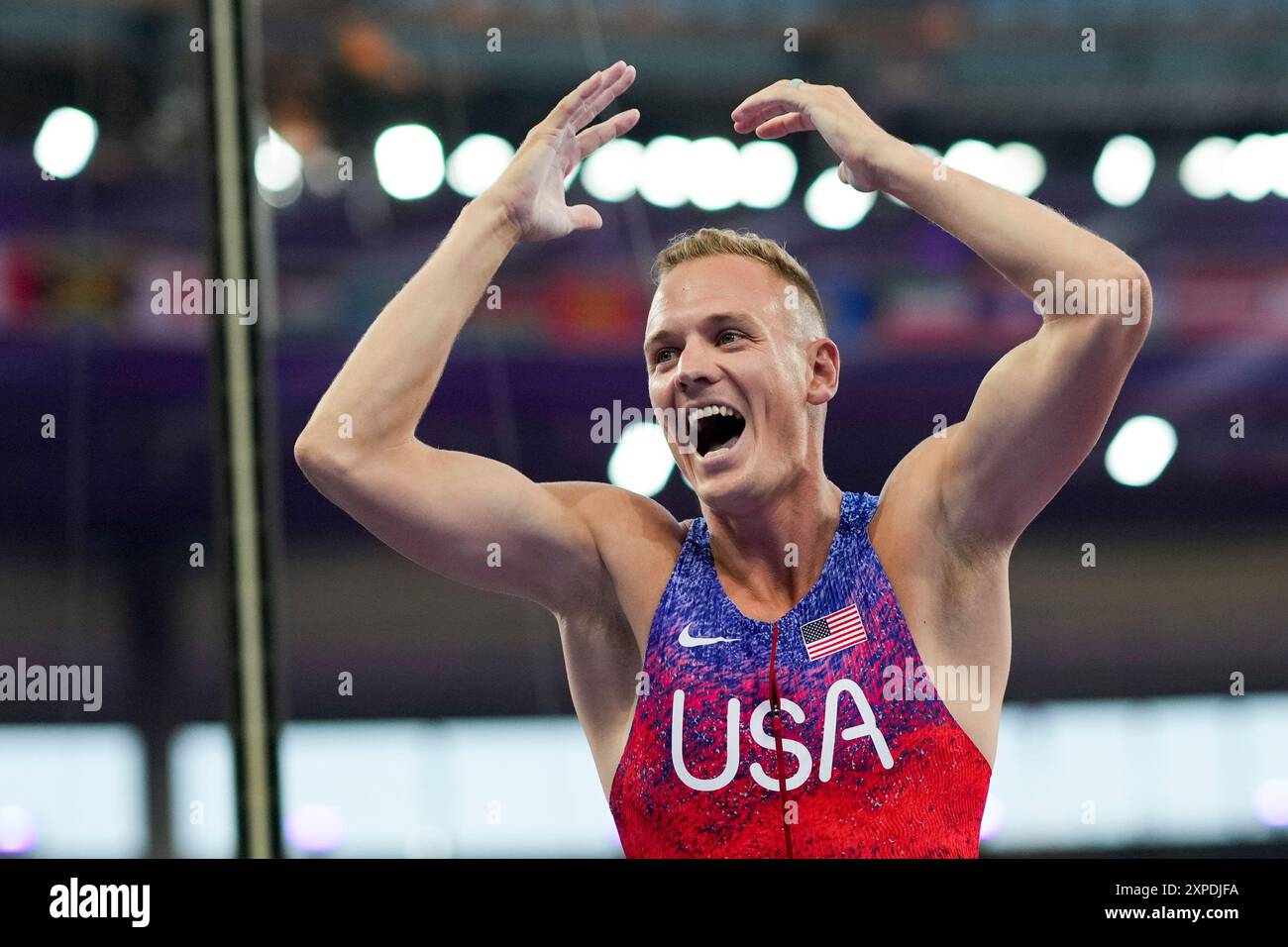Sam Kendricks, of the United States, reacts during the men's pole vault ...