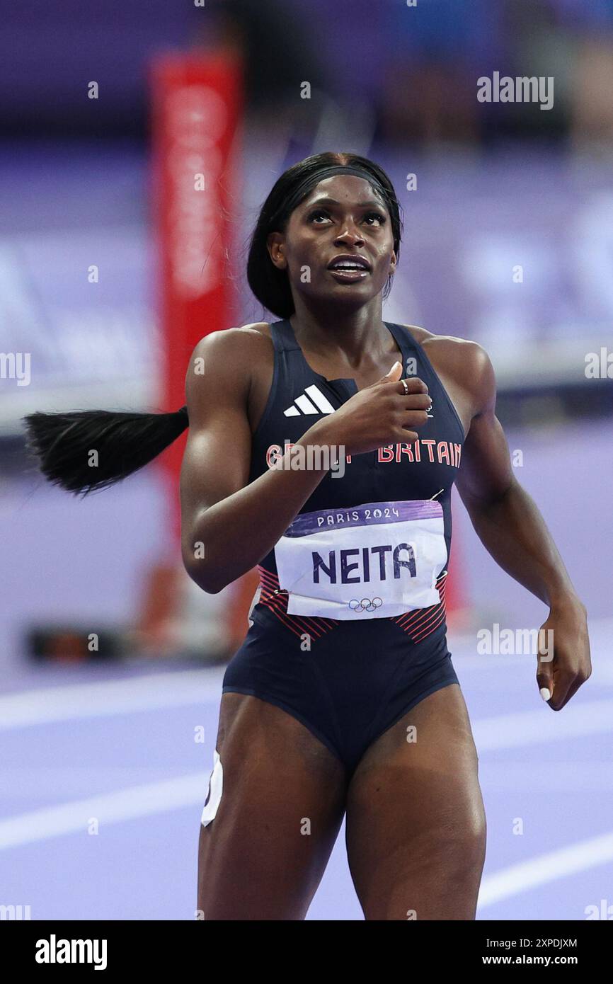 PARIS, FRANCE. 5th Aug, 2024. Daryll Neita of Team Great Britain reacts ...