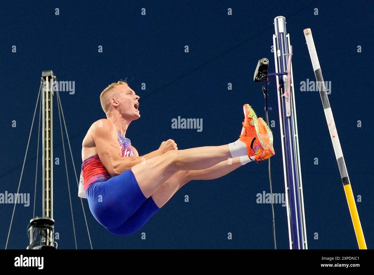 Sam Kendricks, of the United States, reacts during the men's pole vault ...
