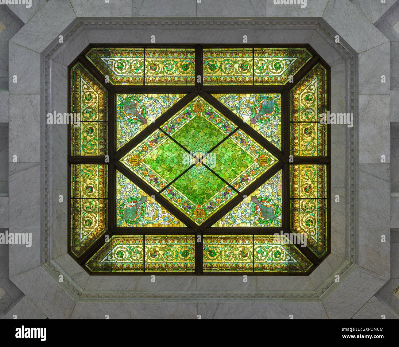 Stained glass ceiling from the rotunda lobby of the historic ...