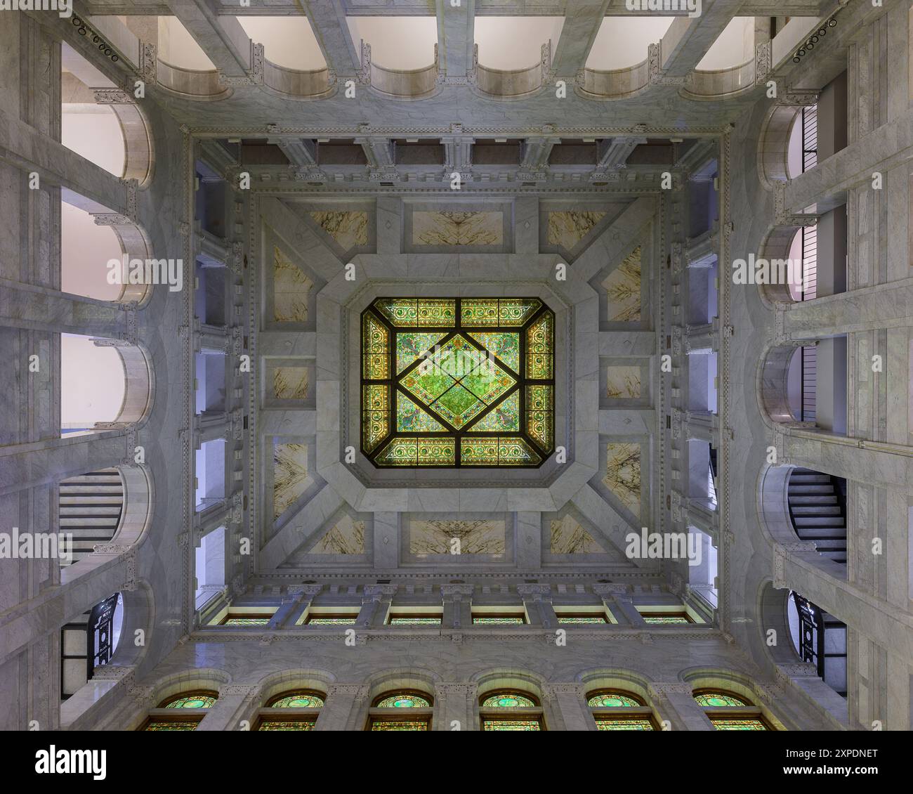 Stained glass ceiling from the rotunda lobby of the historic ...