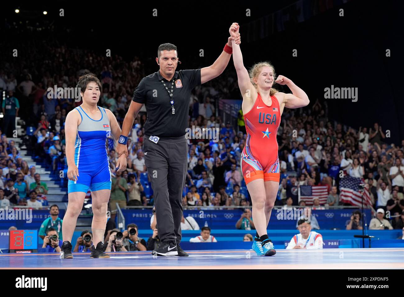 United State's Amit Elor celebrates after defeating North Korea's Sol ...