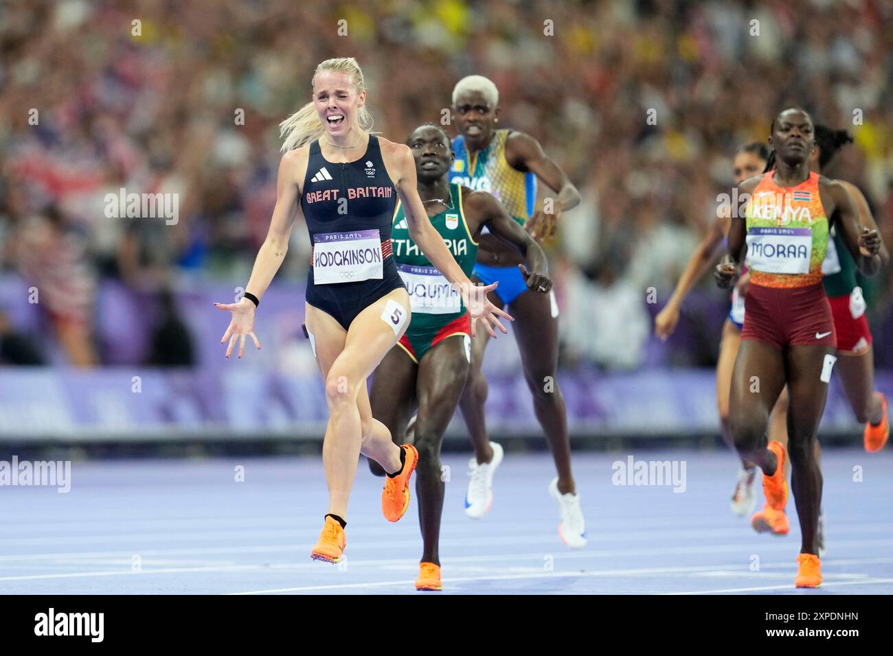 Keely Hodgkinson, of Britain, crosses the finish line to win the women ...