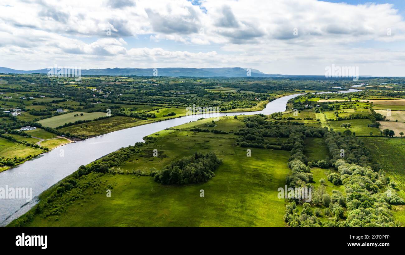 Aerial view of the River Erne at Rosscor Bridge in Enniskillen ...