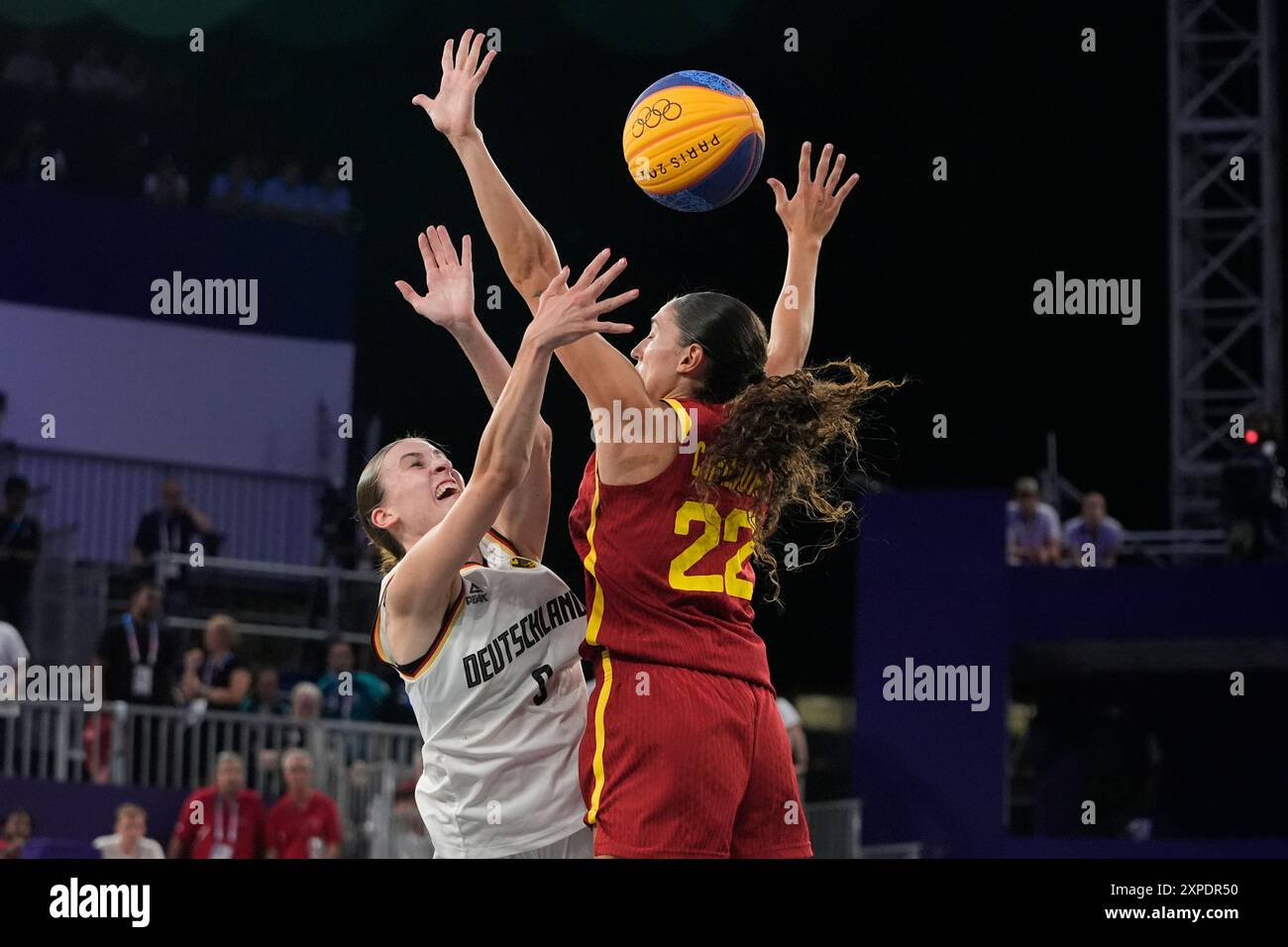 Germany's Elisa Mevius shoots around Spain's Juana Camilion (22) during ...