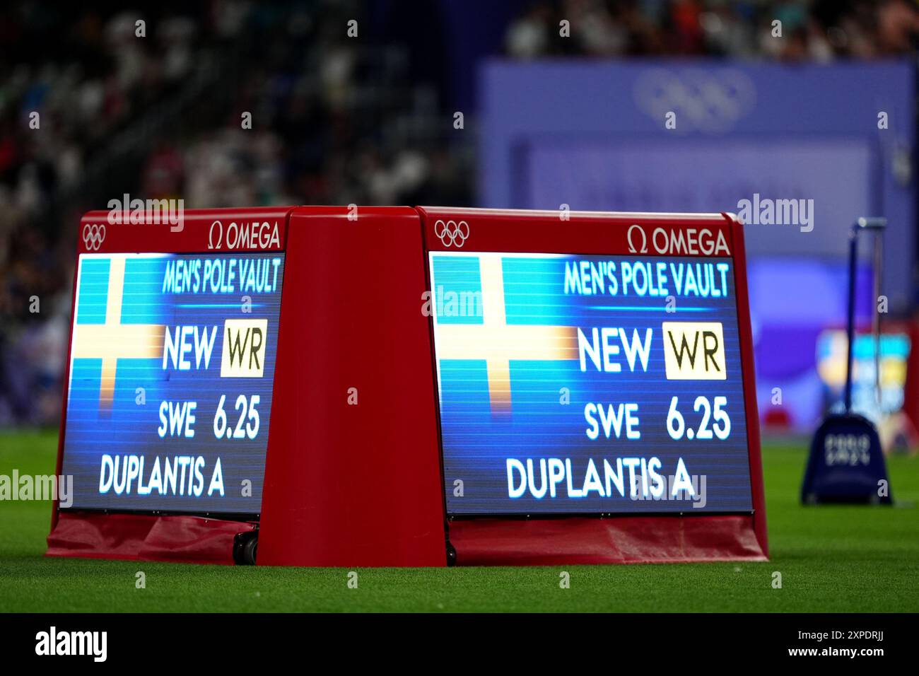 A detailed view of a scoreboard showing Sweden's Armand Duplantis' new ...