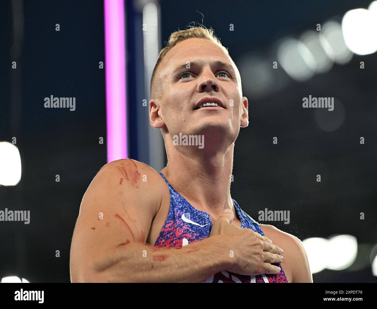 Paris, France. 5th Aug, 2024. Sam Kendricks of the United States reacts ...