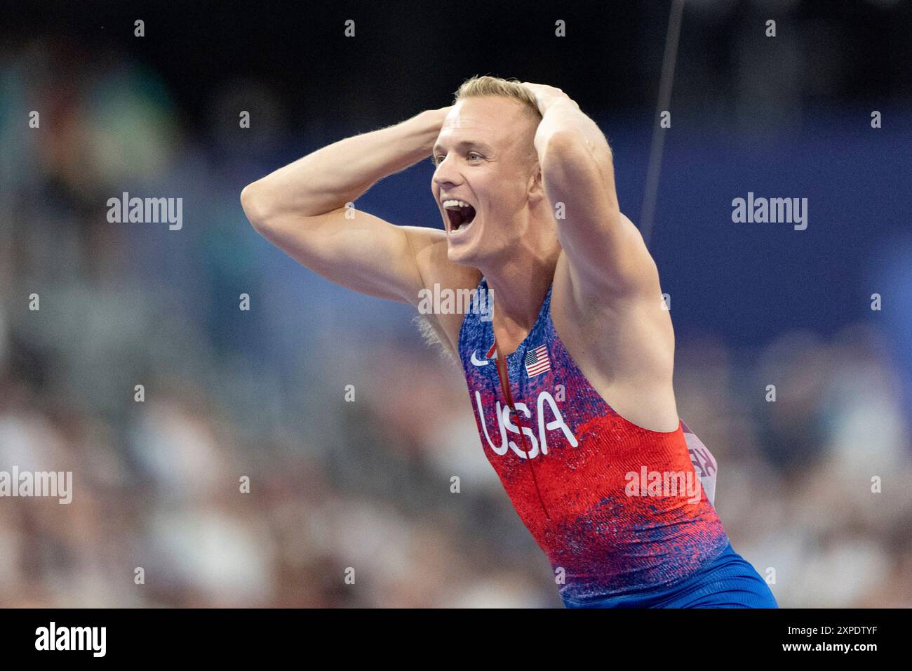 Sam Kendricks, of the United States, reacts after winning the silver ...