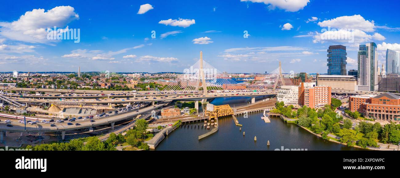 Amazing aerials of Downtown Boston. View of river bridges skyscraper ...