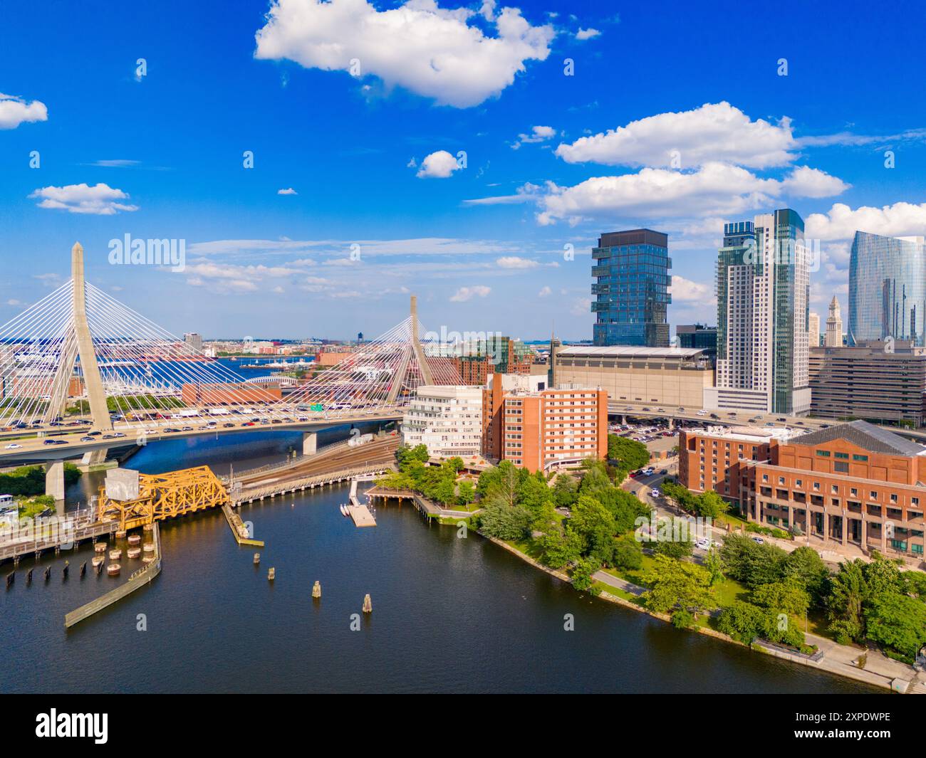 Amazing aerials of Downtown Boston. View of river bridges skyscraper ...