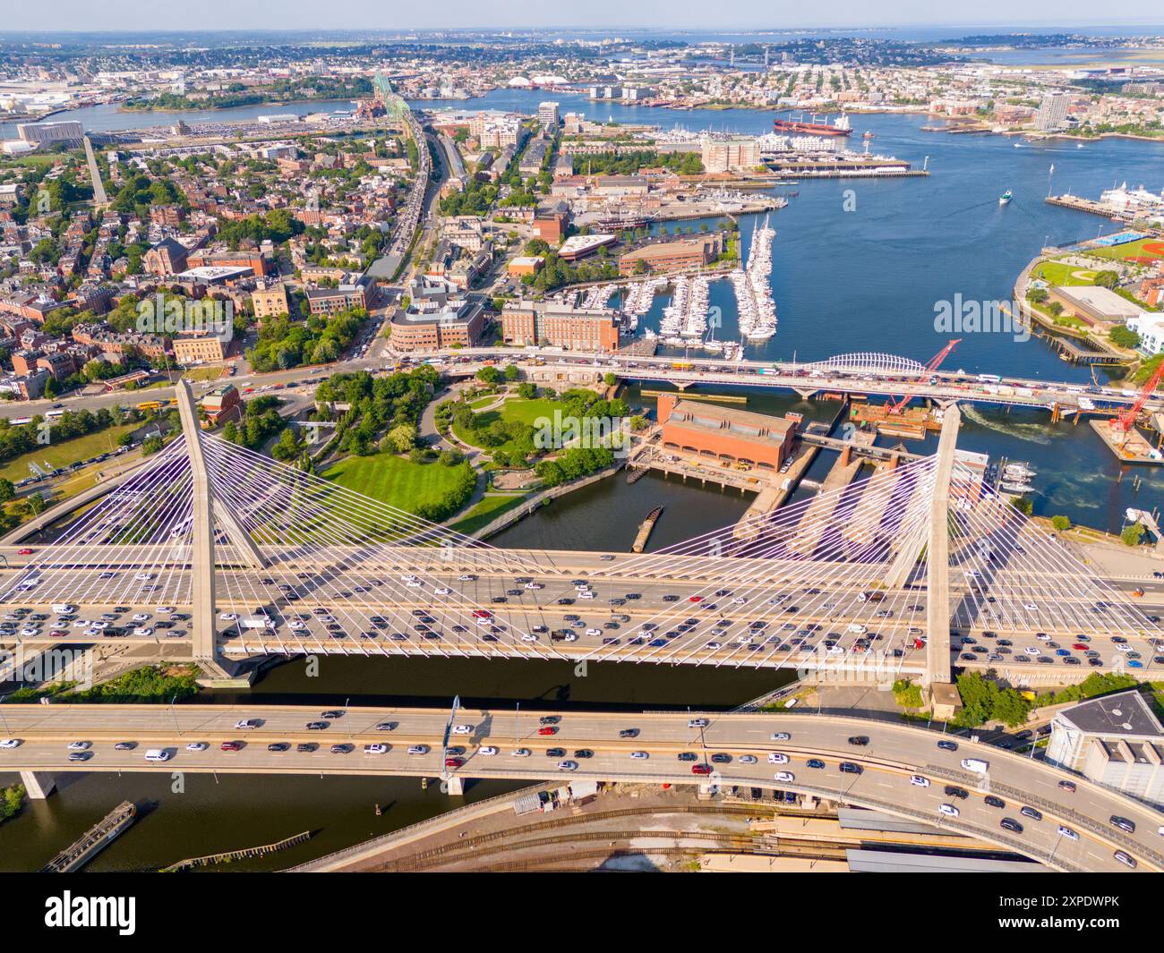 Amazing aerials of Downtown Boston. View of river bridges skyscraper ...
