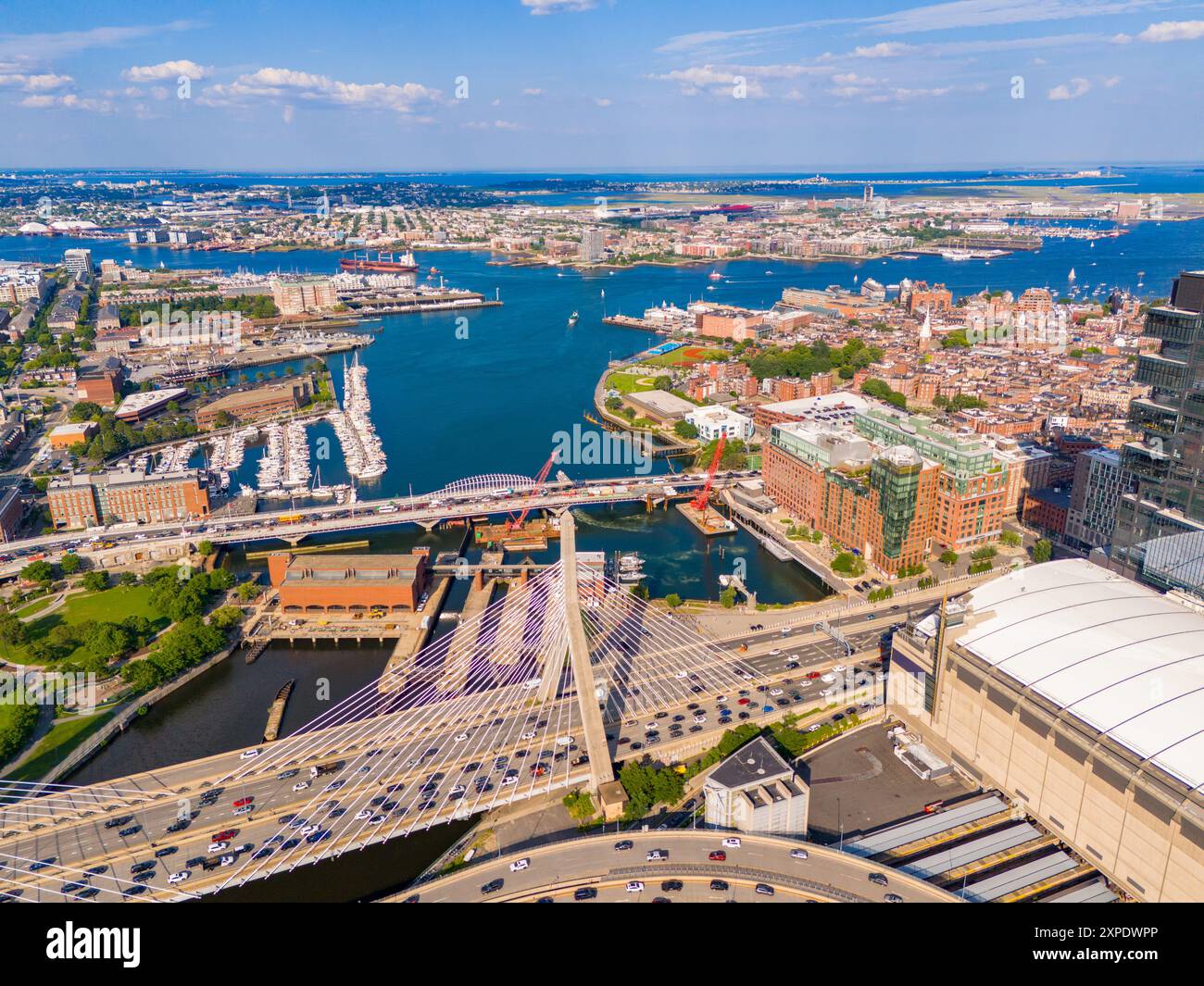 Amazing aerials of Downtown Boston. View of river bridges skyscraper ...