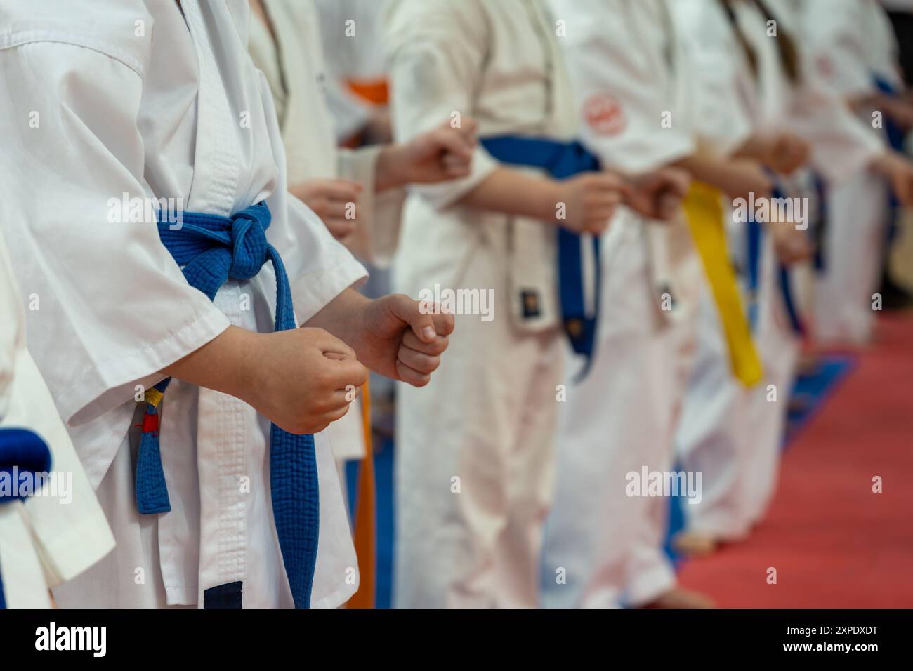 A close-up of a row of young athletes in white karate kimonos with ...