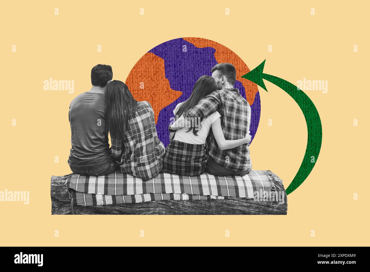 Creative trend collage of cute hugging couples planet earth baggage ...