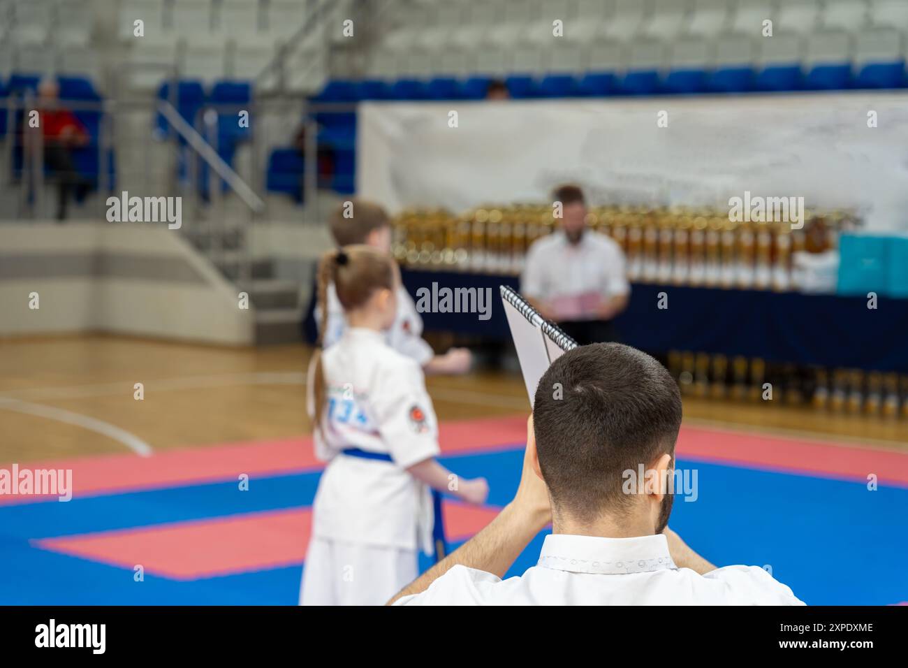 The karate referee shows marks during martial art competition. Copy ...