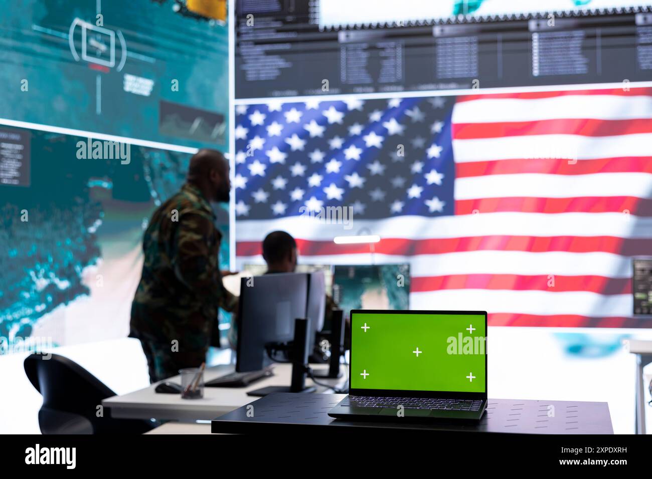 American army working in a command post with green screen, soldiers ...