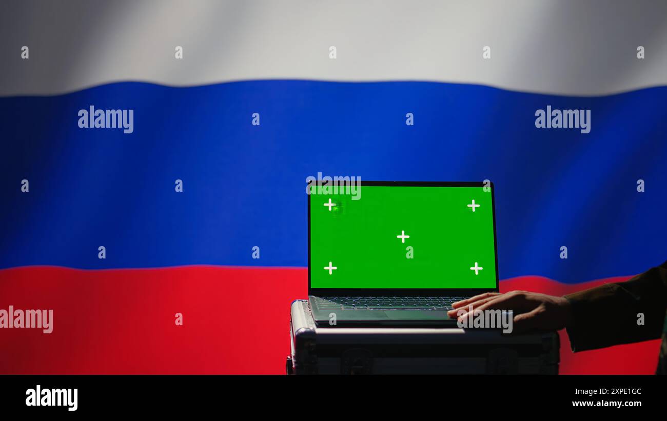 Russian soldier using military tech on green screen laptop to identify ...