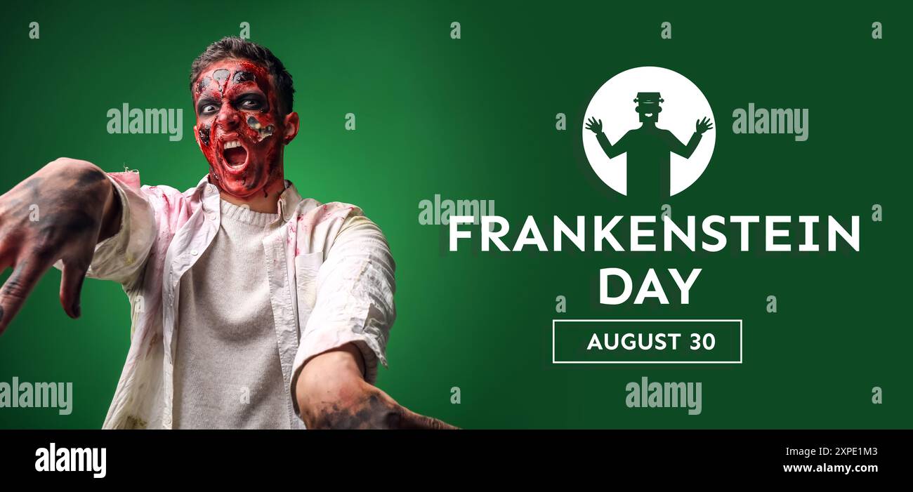 Banner for National Frankenstein Day with young man dressed for horror ...