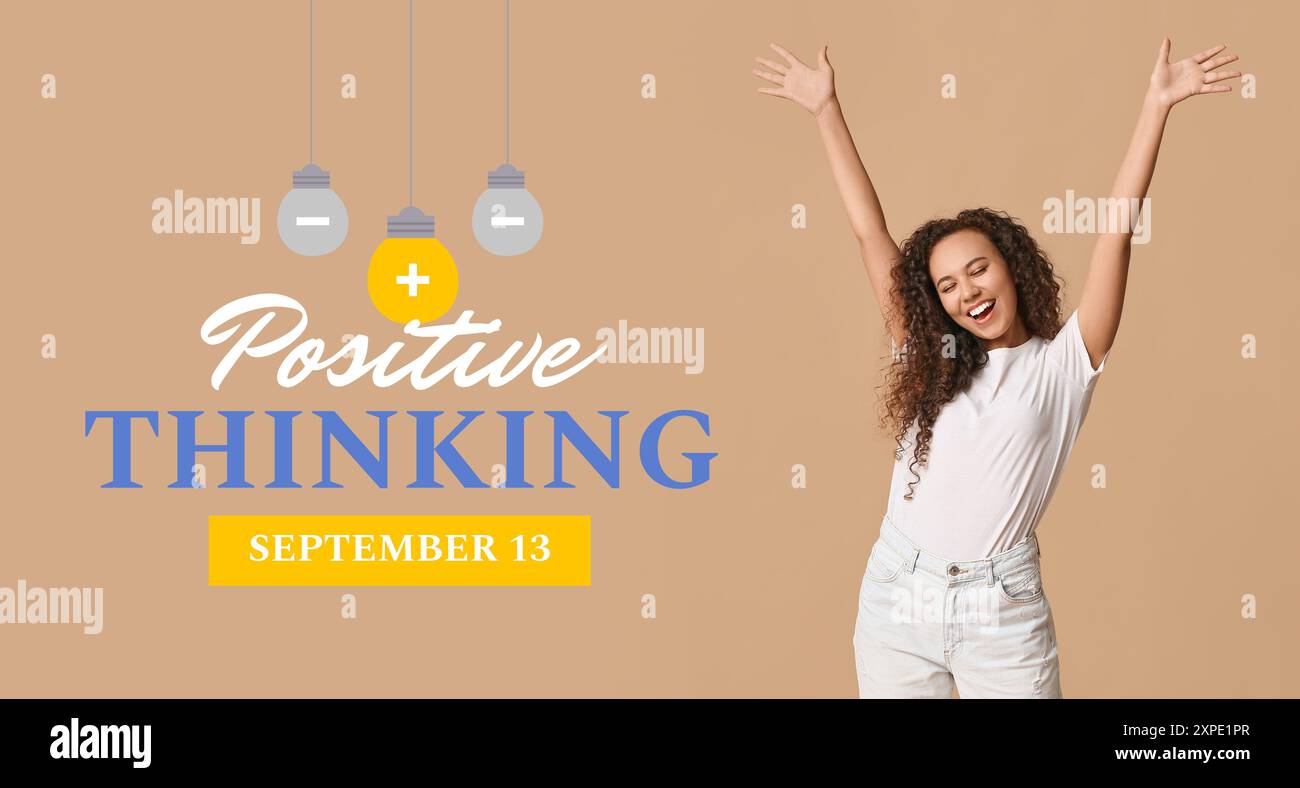 Banner for Positive Thinking Day with happy young woman Stock Photo - Alamy