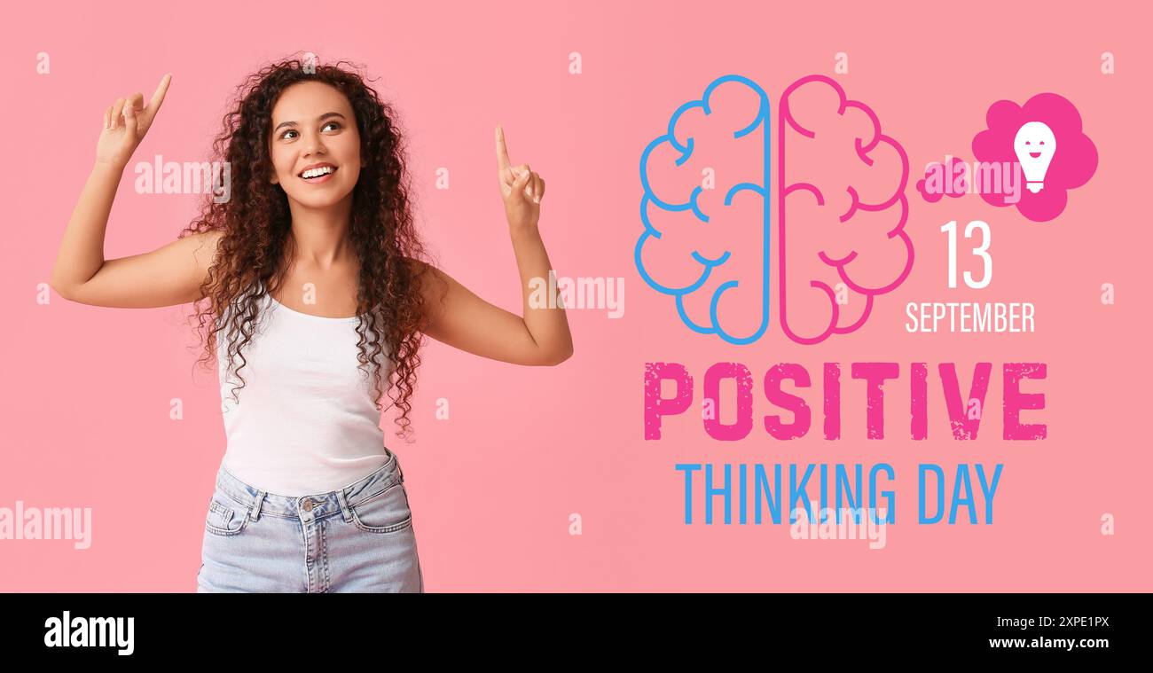 Banner for Positive Thinking Day with happy young woman pointing at ...