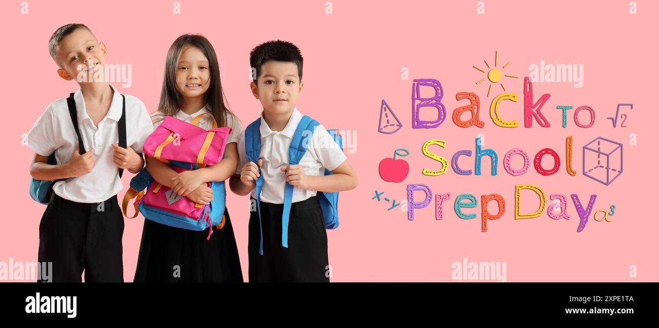 Little students with backpacks on pink background. Banner for National Back To School Prep Day ...