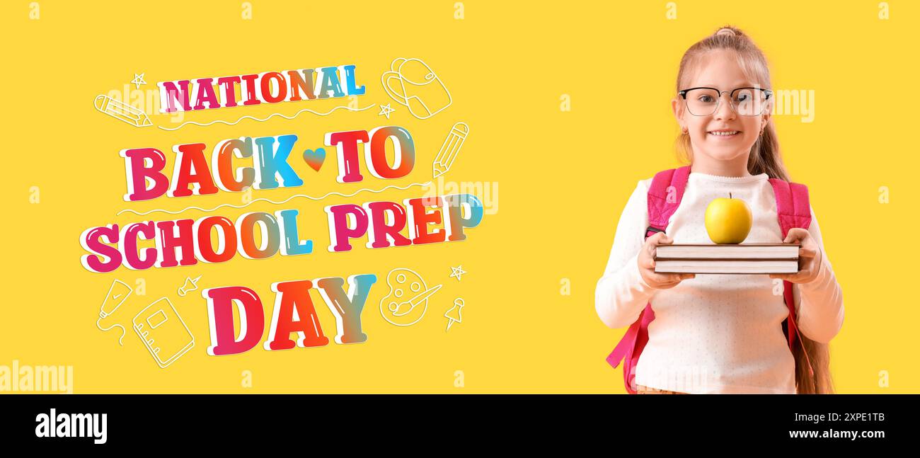 Little girl with books and apple on yellow background. Banner for ...