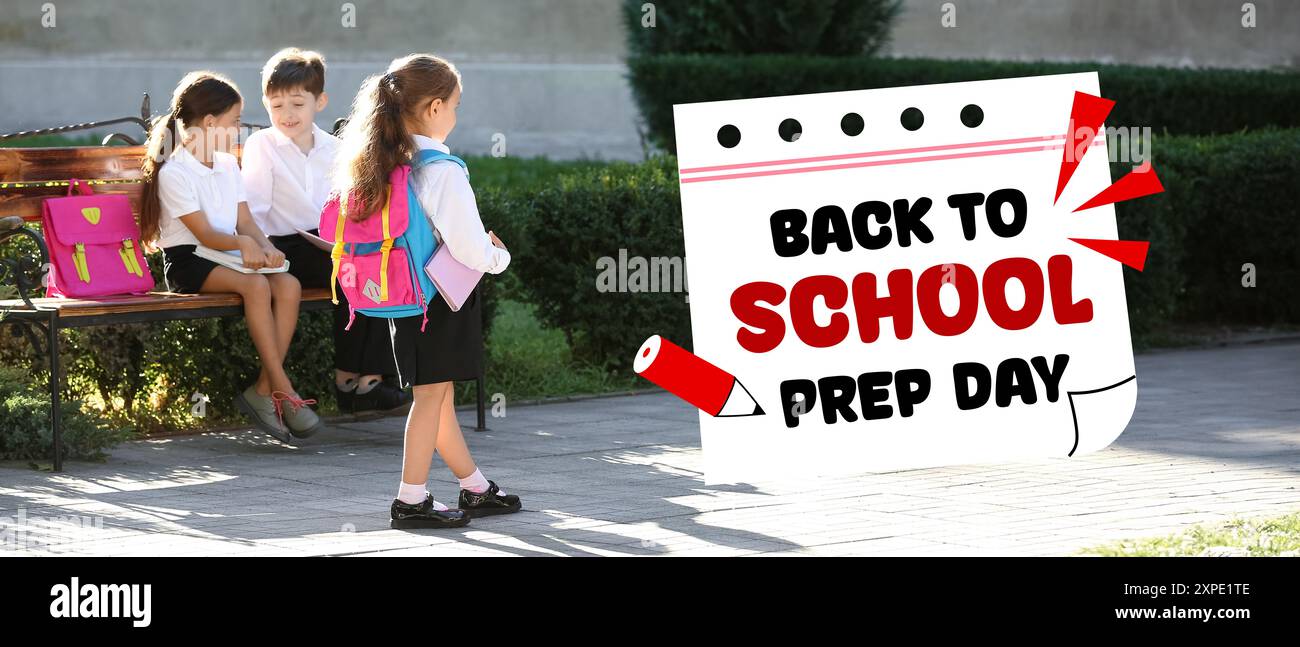 Little students outdoors. Banner for National Back To School Prep Day Stock Photo - Alamy