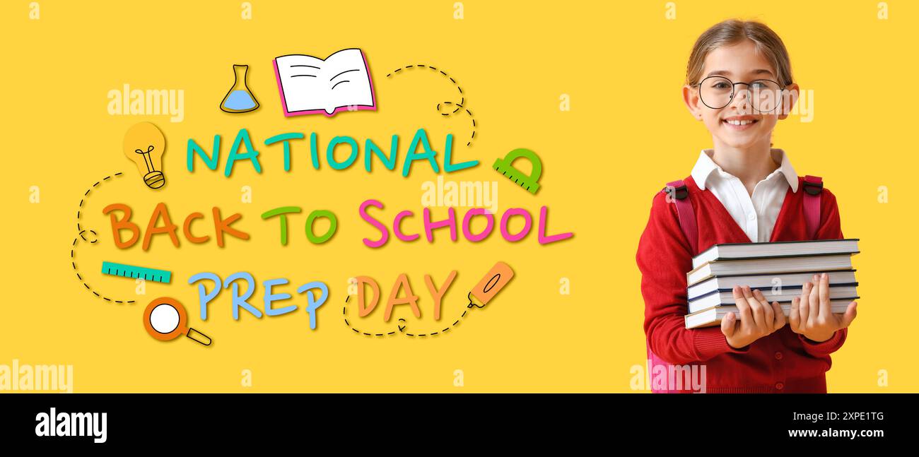 Cute little girl with books on yellow background. Banner for National ...