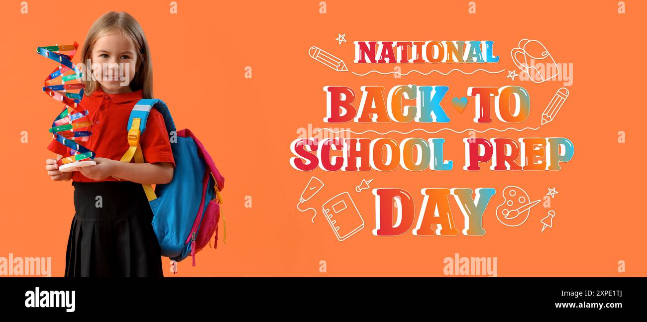 Cute little girl with DNA model and backpack on orange background. Banner for National Back To ...