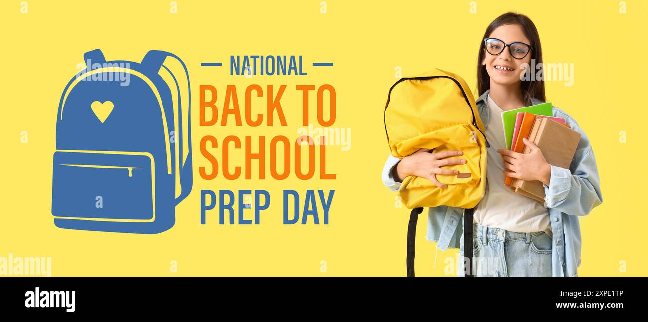 Little student with backpack and books on yellow background. Banner for National Back To School ...