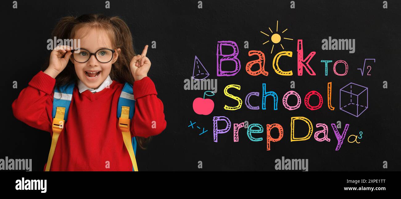 Little student pointing at something on dark background. Banner for National Back To School Prep ...
