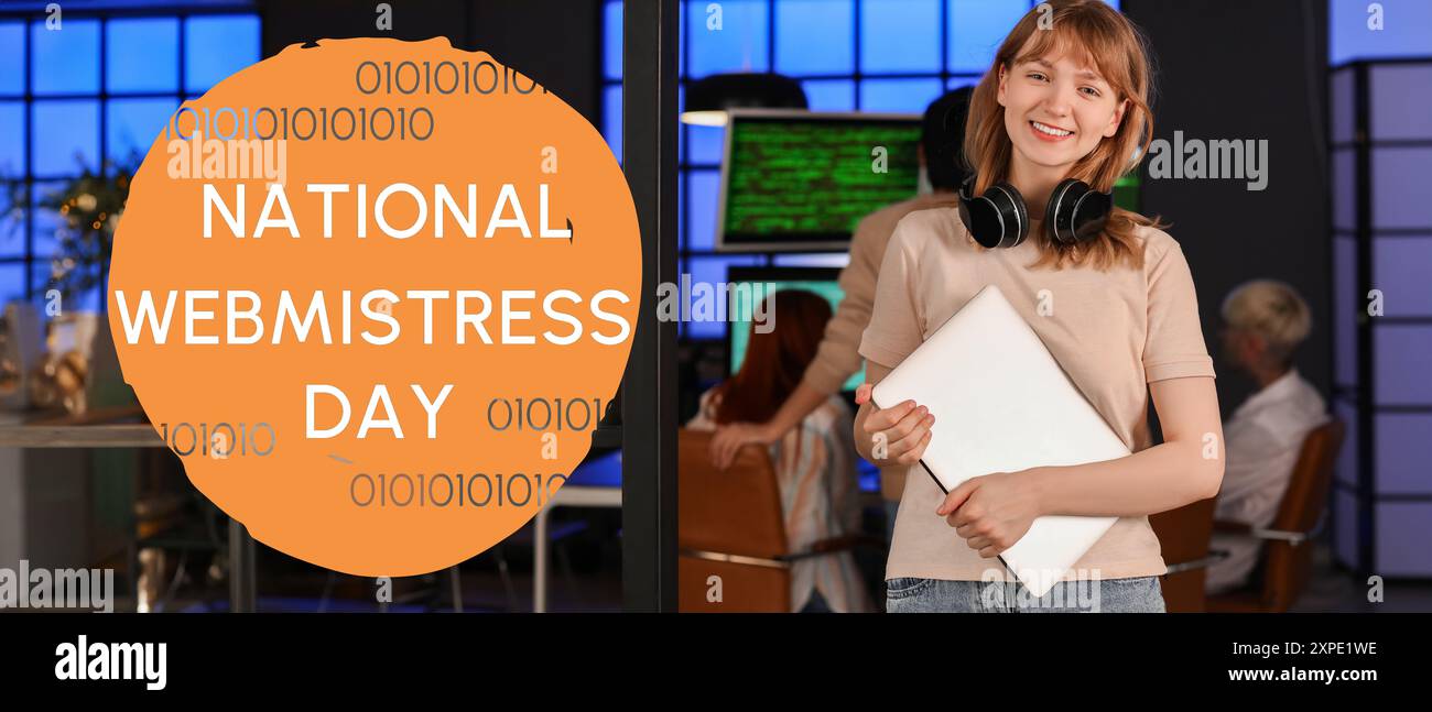 Banner for National Webmistress Day with young female programmer in office Stock Photo - Alamy