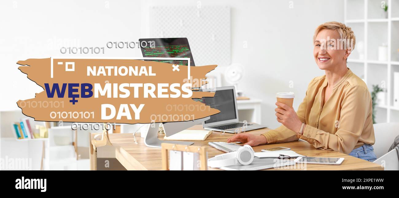 Banner for National Webmistress Day with mature female programmer at workplace in office Stock ...