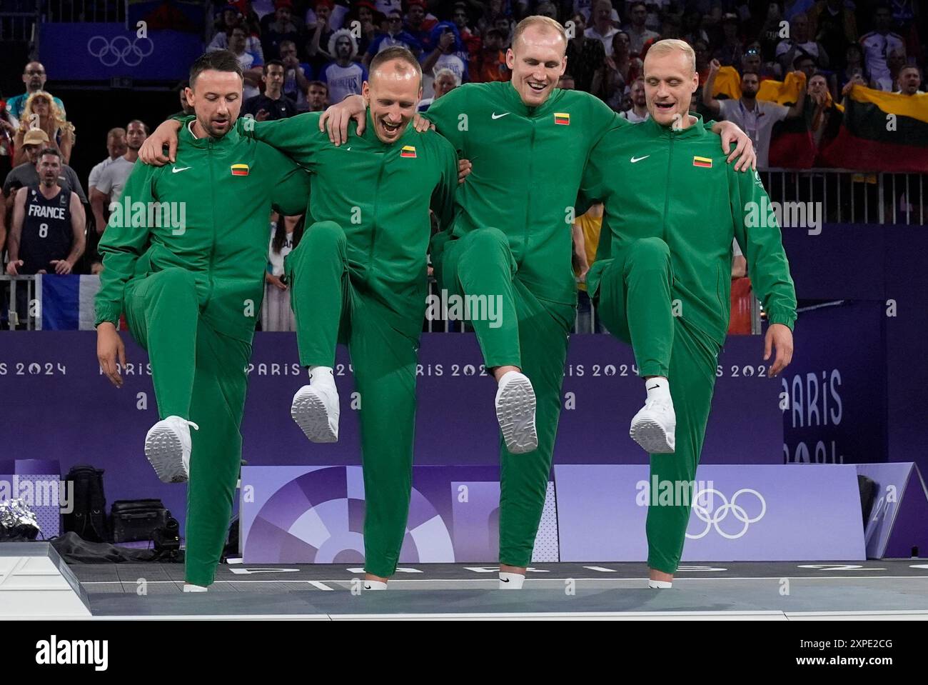 Lithuania's mens 3x3 basketball team celebrate their bronze medals ...