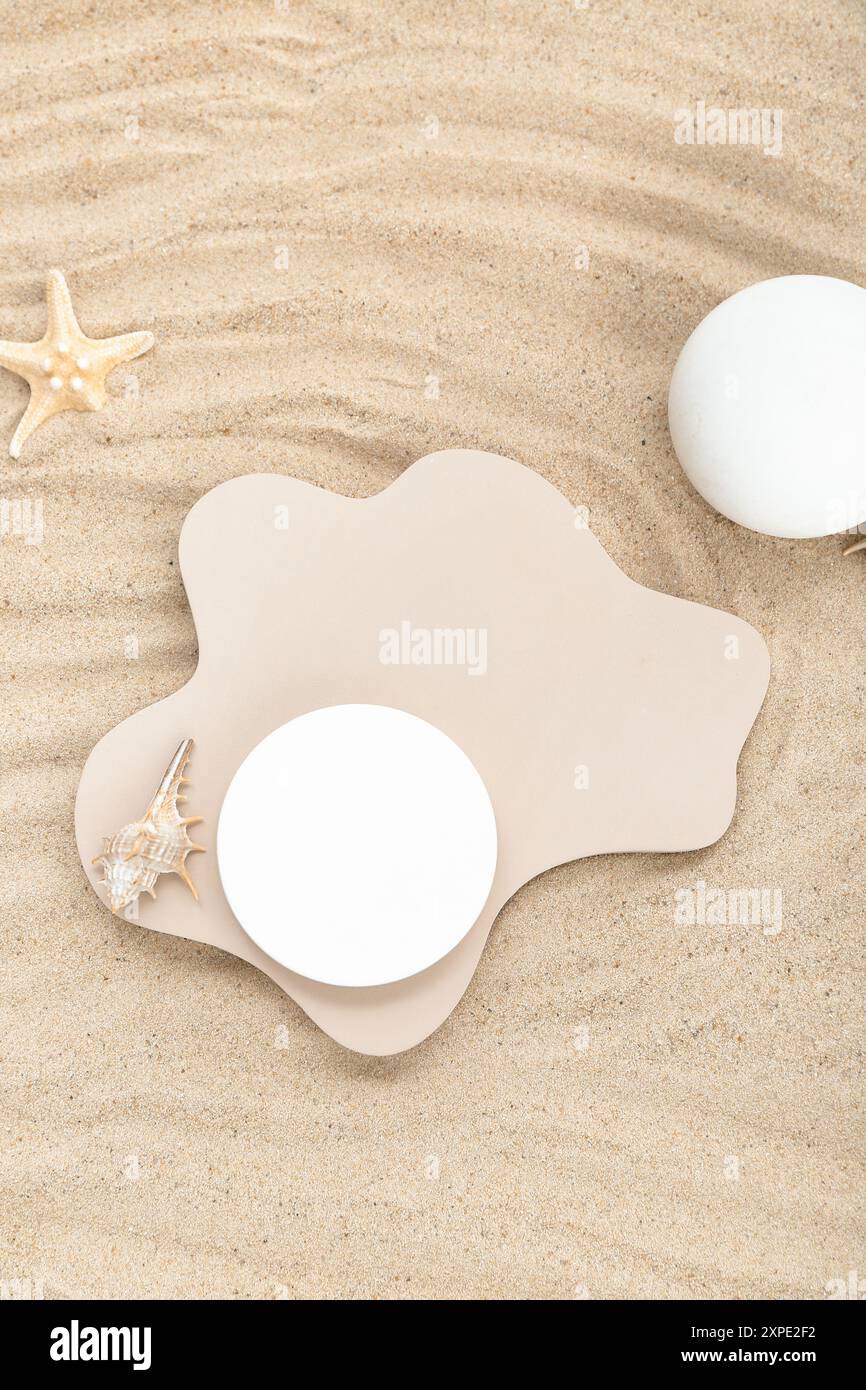 Decorative plaster podiums, starfish and seashell in sand Stock Photo ...
