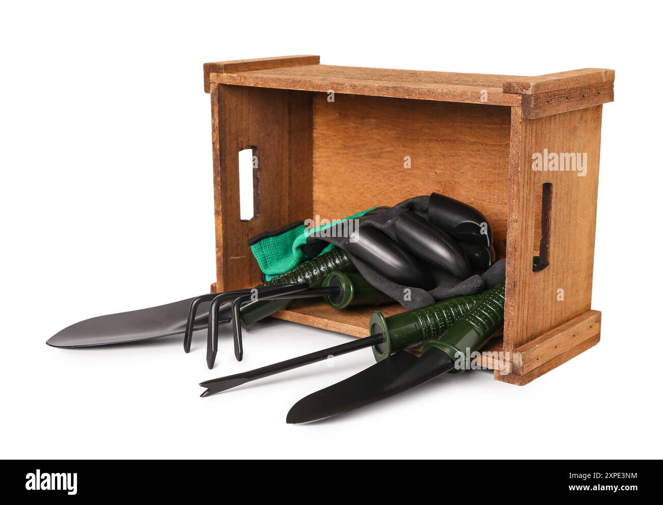 Gardening tools in fallen wooden box on white background Stock Photo ...