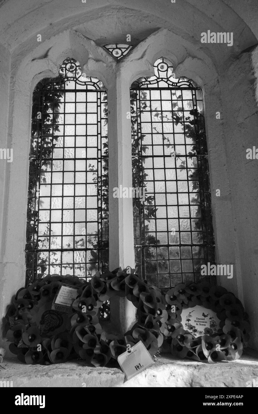 black and white church arched windows with wreaths Stock Photo - Alamy
